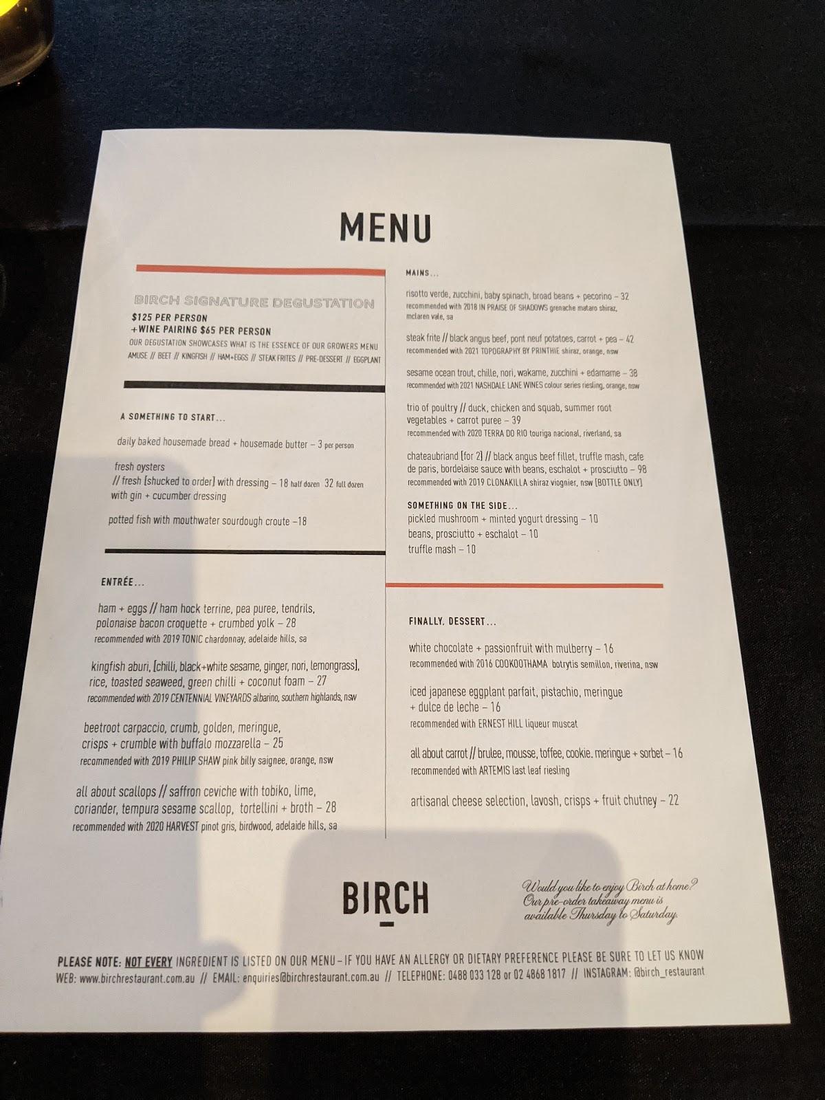 Menu at Birch restaurant, Moss Vale