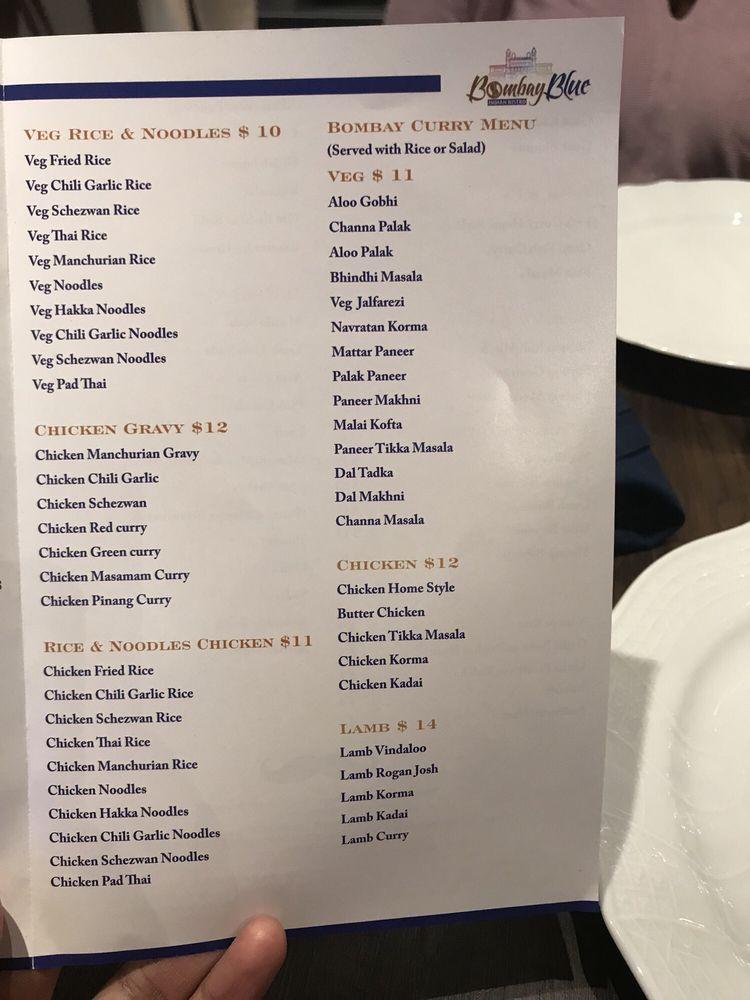 Menu at Bombay Blue restaurant, Edison
