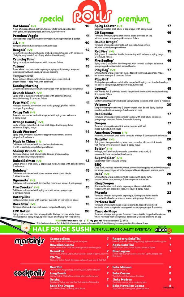 Menu at Cloud 9 Sushi restaurant, Cincinnati