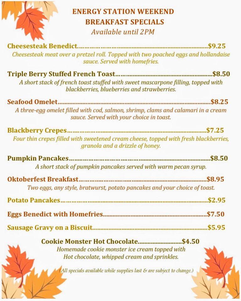 Menu at Energy Station restaurant, Harleysville