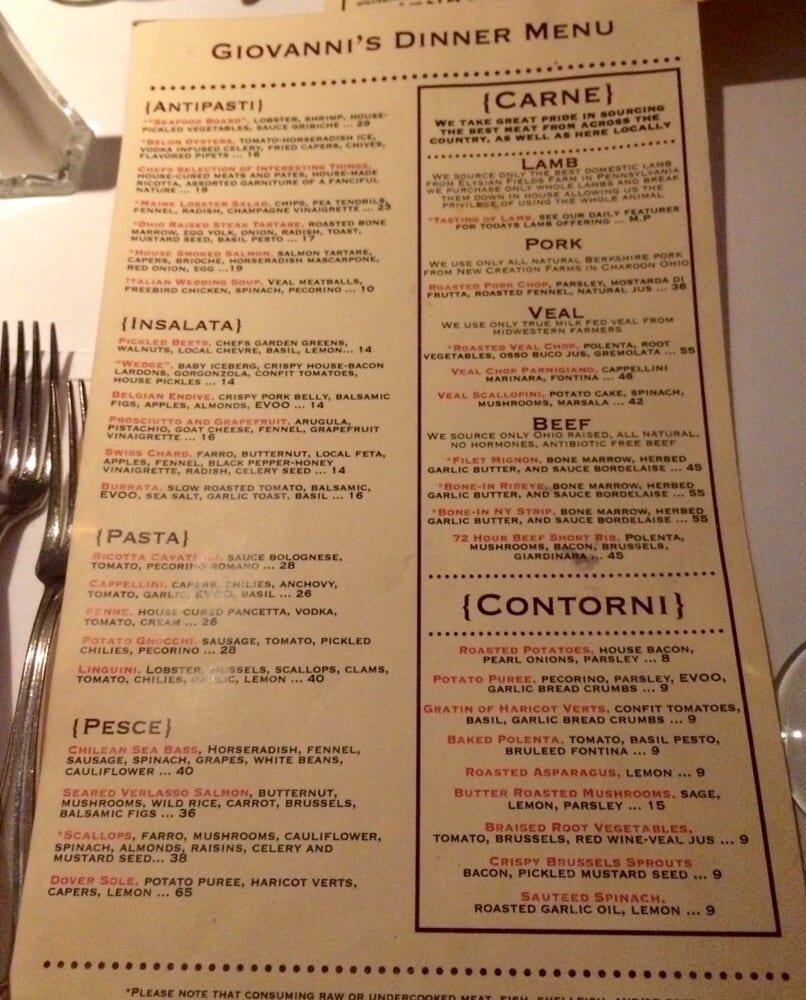 Menu at Giovanni's restaurant, Beachwood, Chagrin Blvd