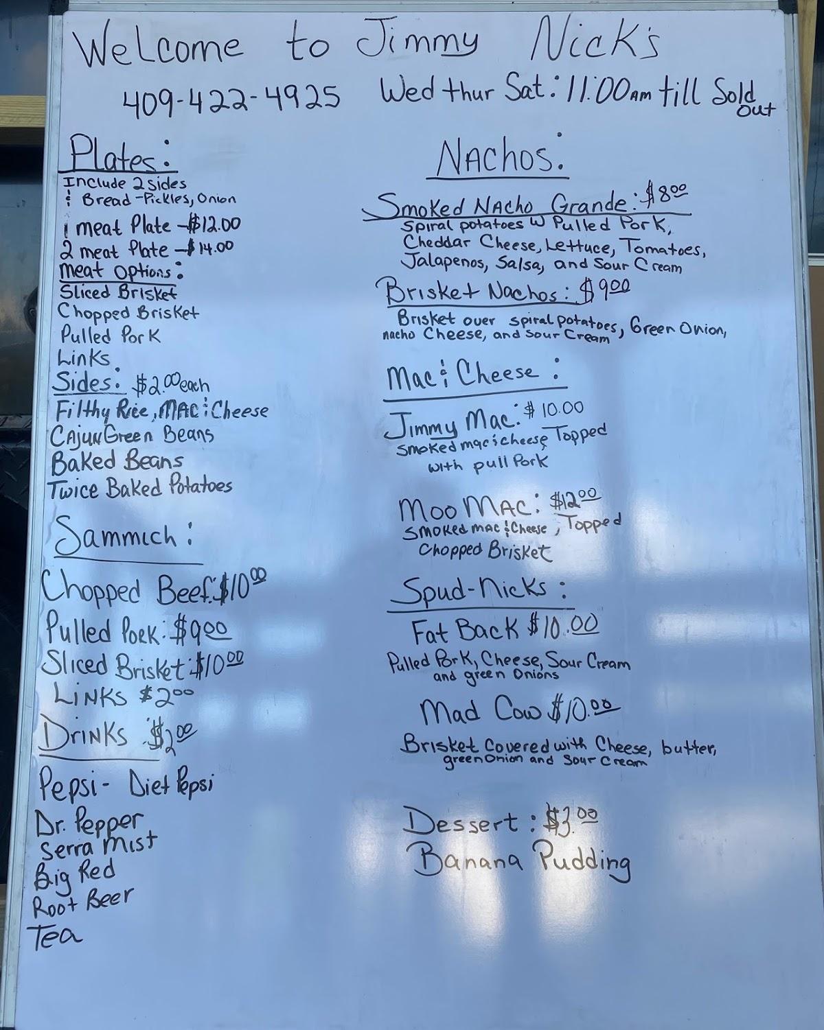 Menu at Jimmy Nick's BBQ, Vidor