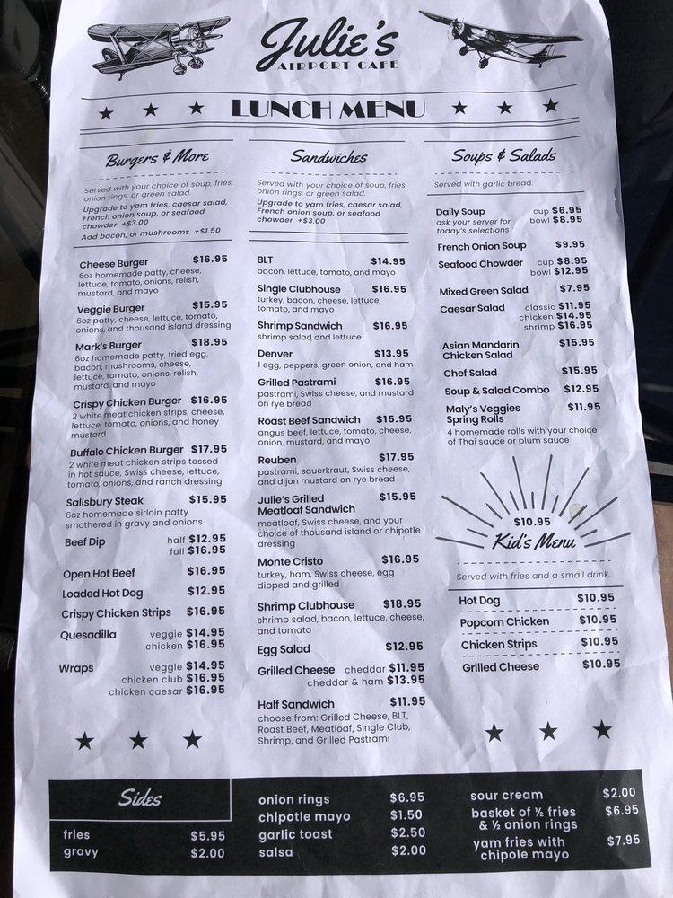 Menu at Julie's Airport Cafe, Powell River