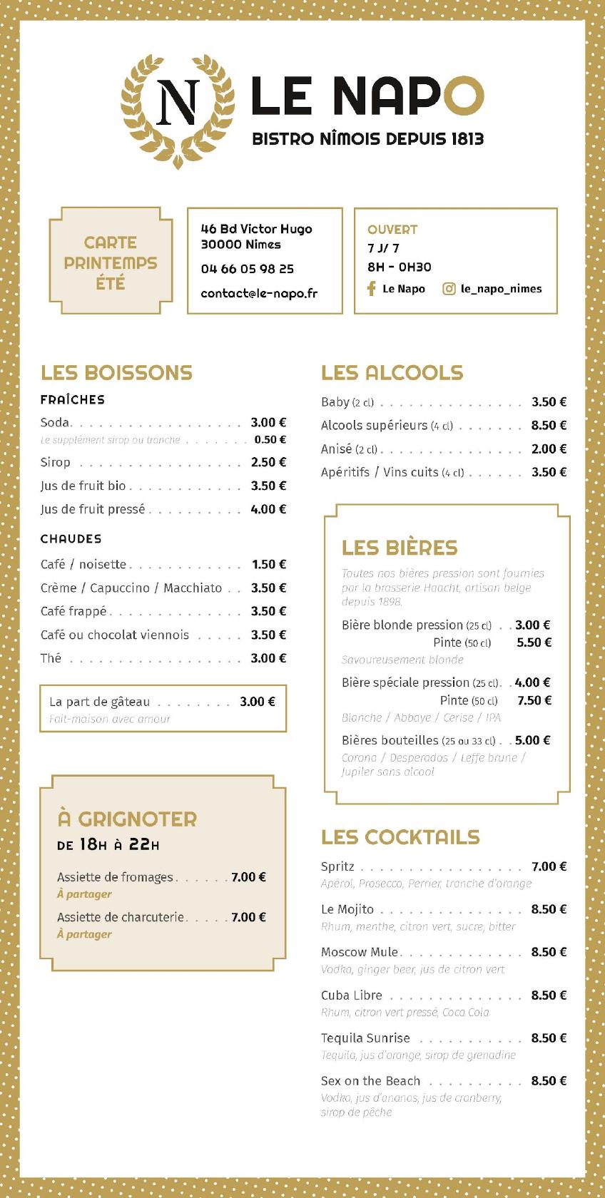 Menu au Le Napoléon restaurant, Nimes