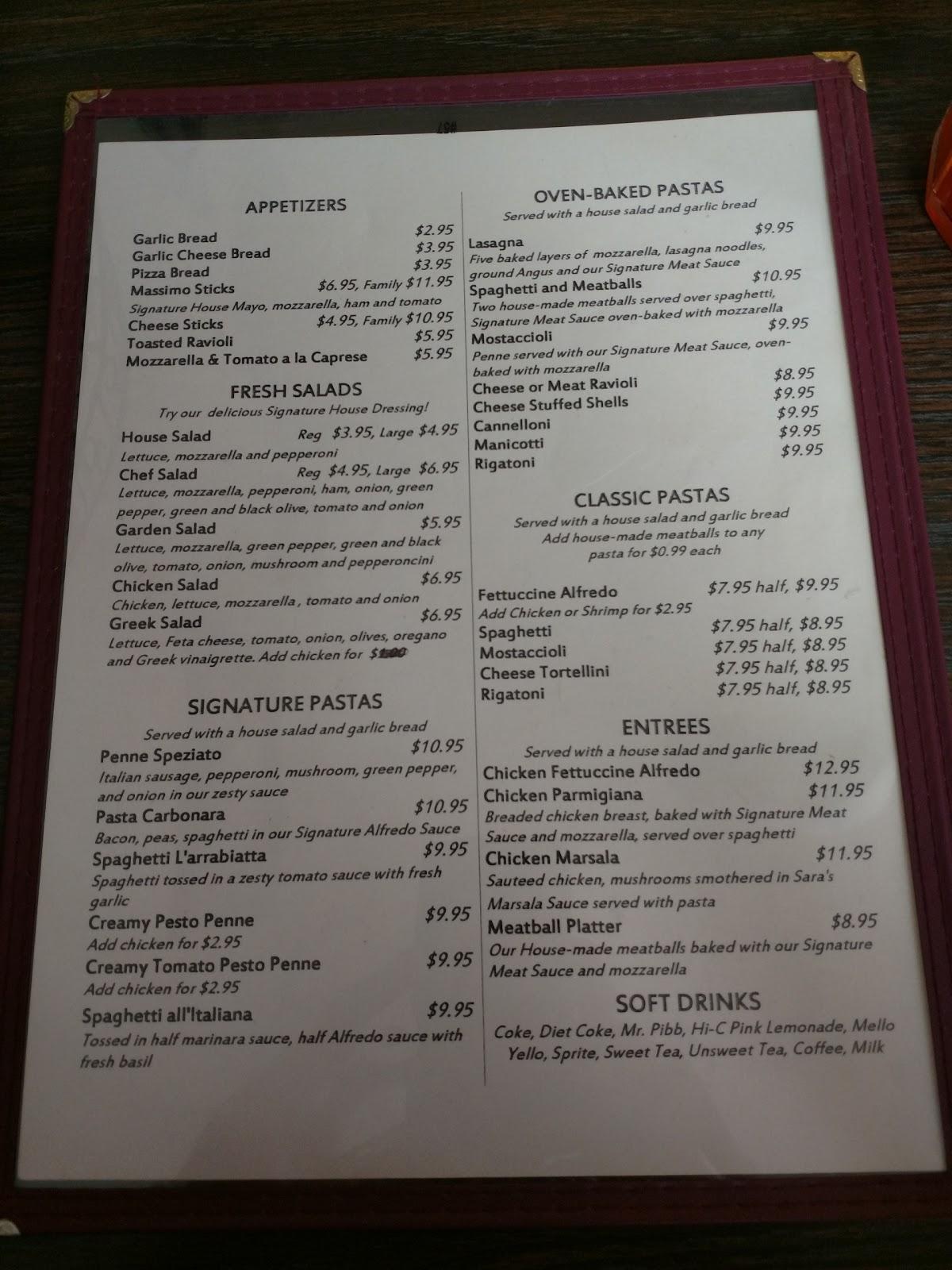Menu at Mamma Antonia's pizzeria, Salem