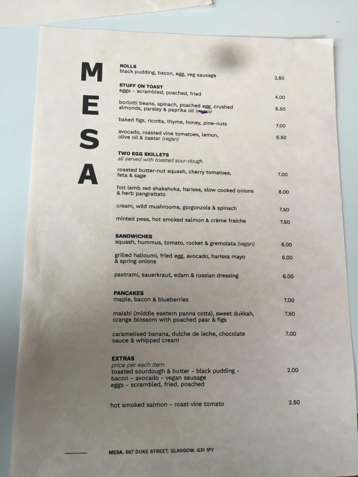 Menu at Mesa cafe, Glasgow