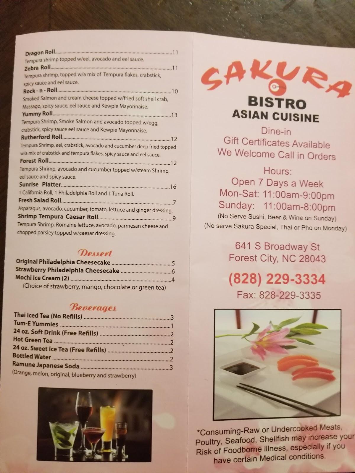 Menu at Sakura Bistro restaurant, Forest City