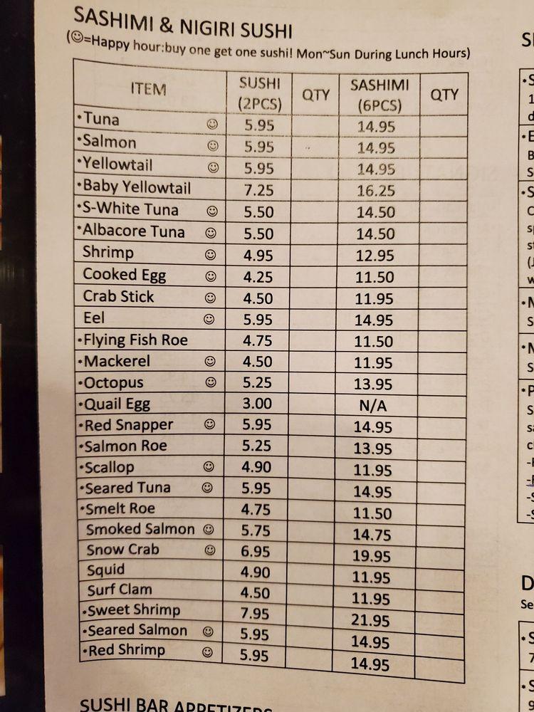Menu at Shoji Sushi & Hibachi restaurant, Frisco