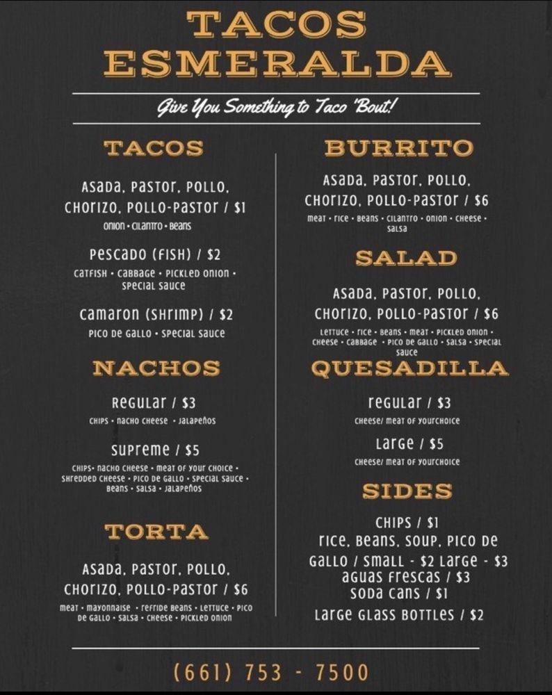 Menu at Tacos Esmeralda, Castaic