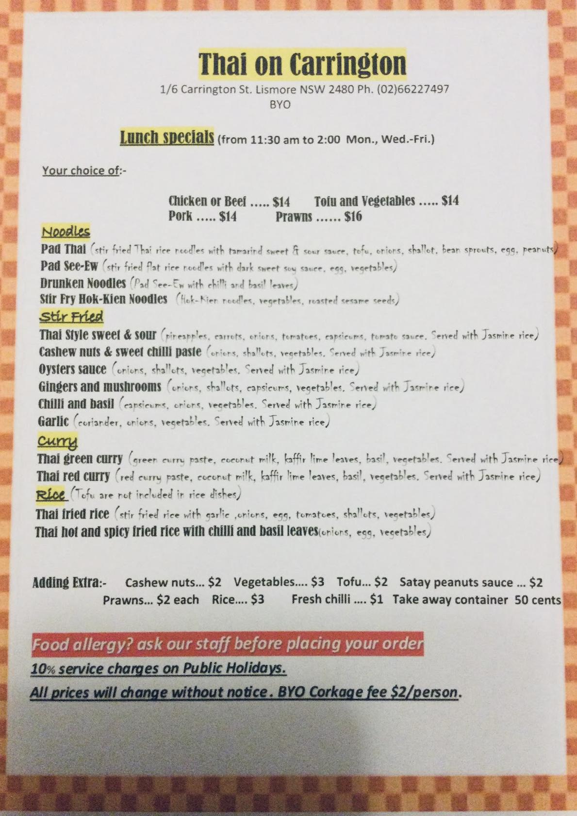 Menu at Thai On Carrington restaurant, Lismore