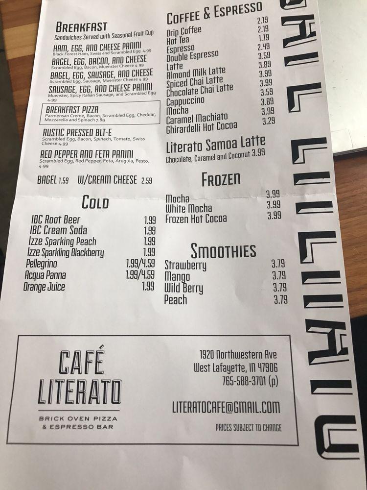 Menu at Cafe Literato, West Lafayette, Northwestern Ave