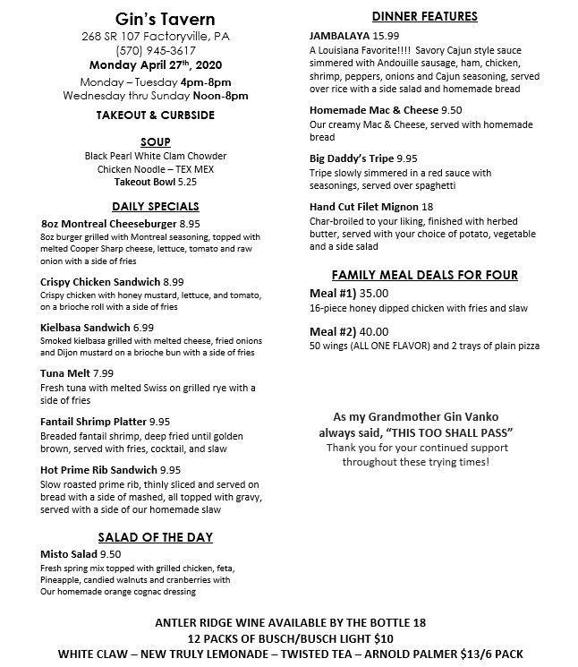 Menu at Gin's Tavern pub & bar, Factoryville
