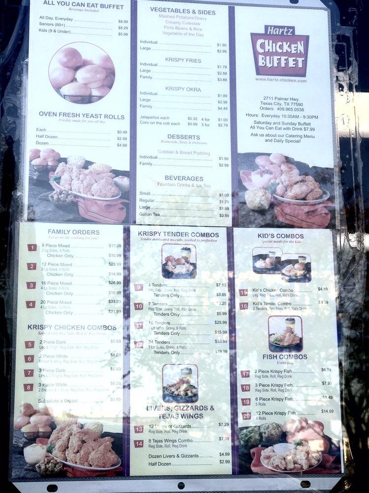 Carta de comida rápida Hartz Chicken Buffet, Texas City