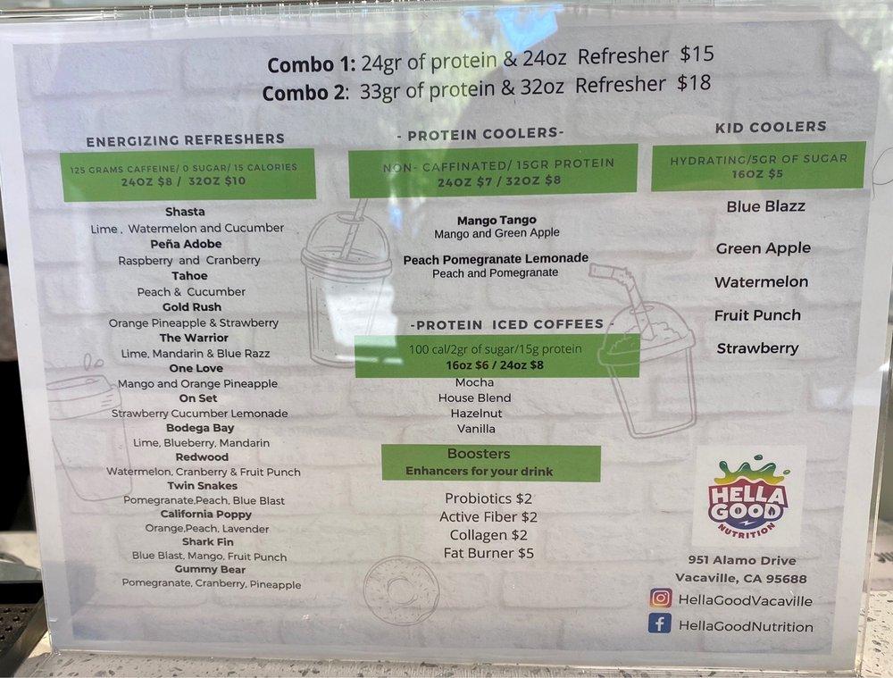 Menu at Hella Good Nutrition pub & bar, Vacaville