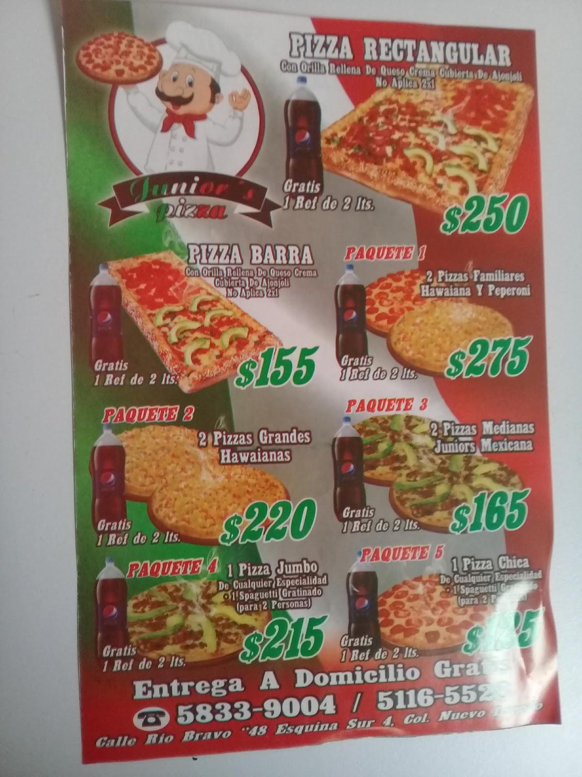 Menu at Junior pizza restaurant, Ecatepec de Morelos