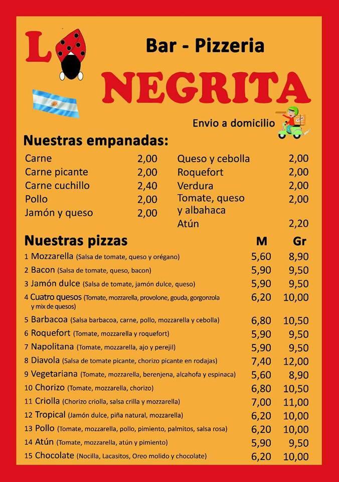 Menu at La Negrita restaurant, Gavà