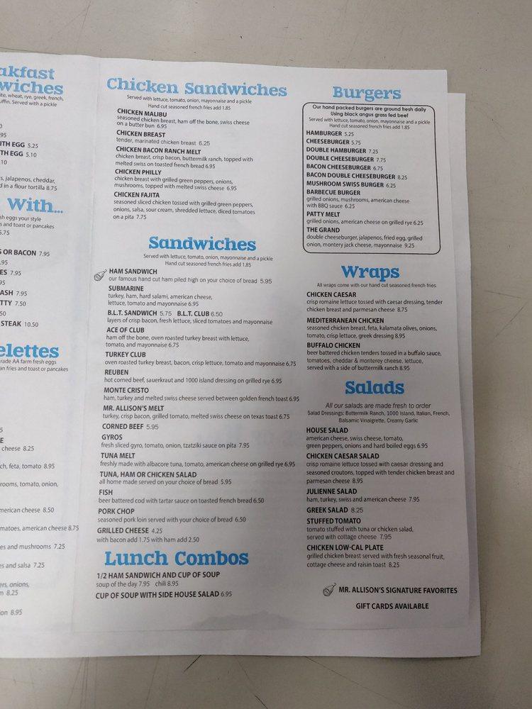 Menu at Mr Allison's Restaurant, Arlington Heights