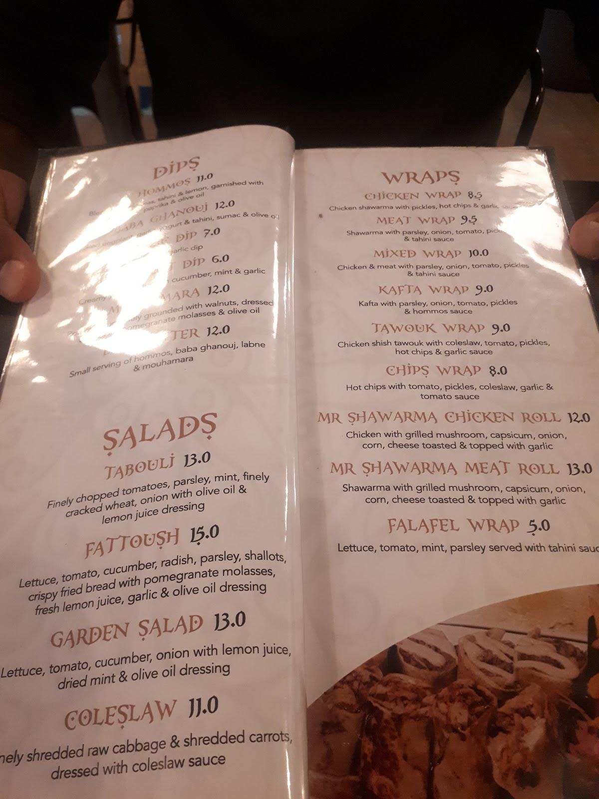 Menu at Mr. Shawarma restaurant, Greenacre