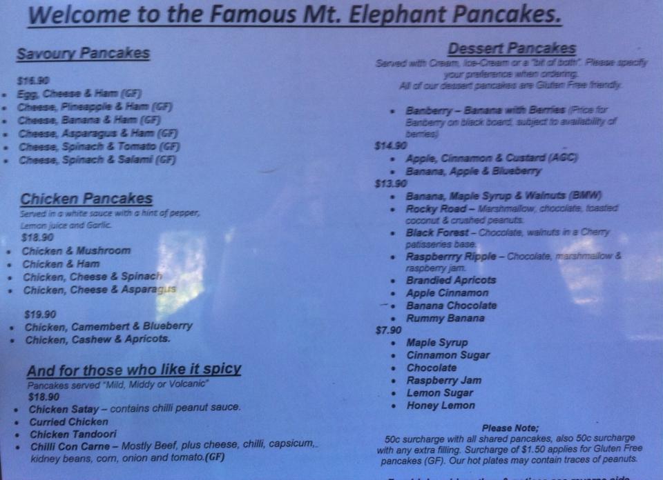 Menu at Mount Elephant Pancakes restaurant, Gray, 824 Elephant Pass Rd