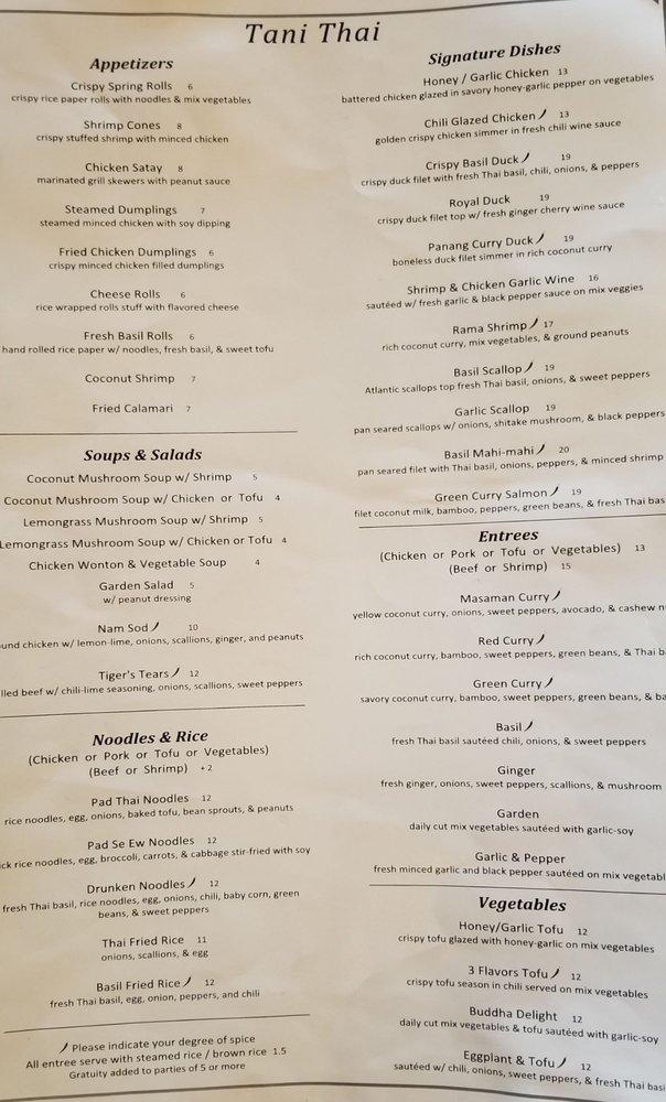 Menu at Tani Thai Restaurant, Buford