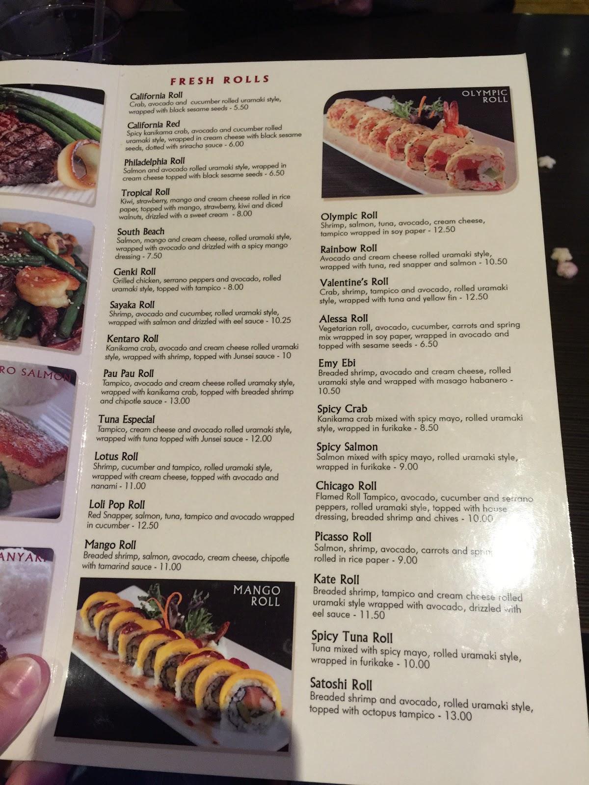 Menu at Tensai restaurant, Laredo