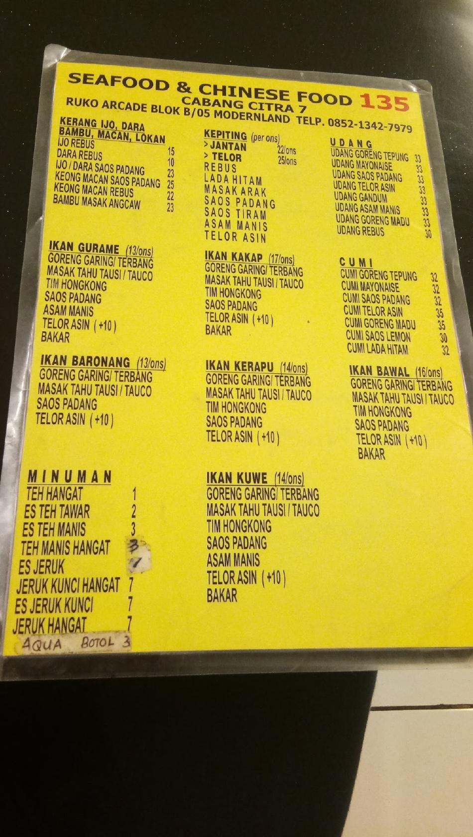 Menu at seafood&chinese Food 135 restaurant, Tangerang