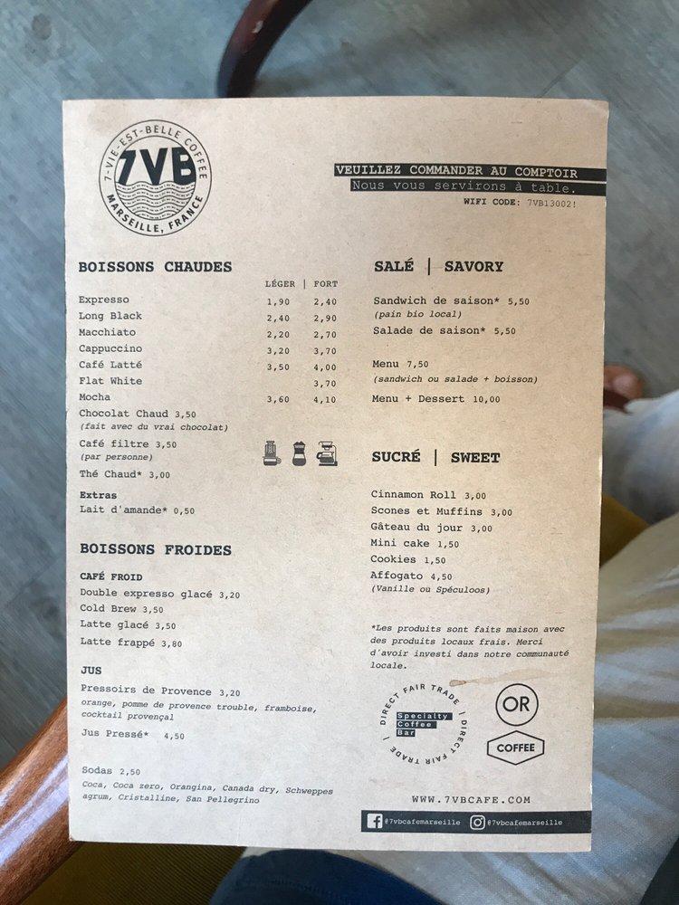 Menu at 7VB Café, Marseille