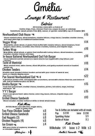 Menu at Amélia's Restaurant & Lounge, St. John's