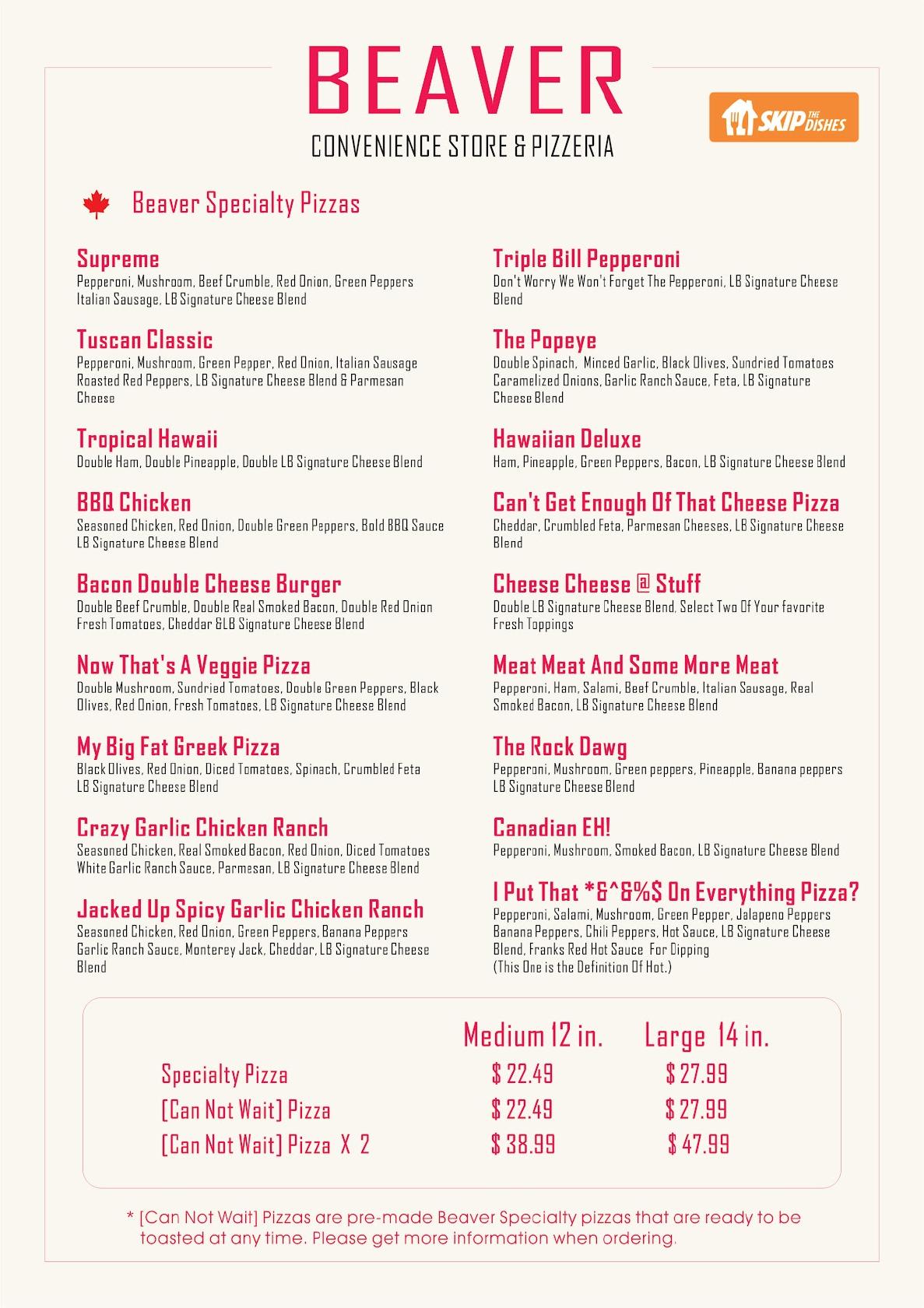 Menu at Beaver Convenience and Pizzeria, Courtenay