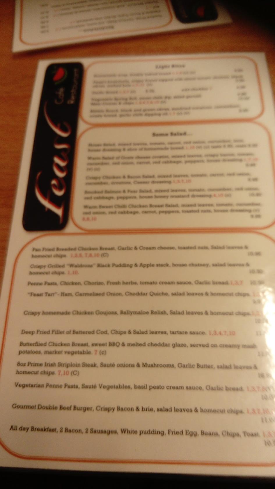 Menu at Feast Cafe and Restaurant, Roscommon