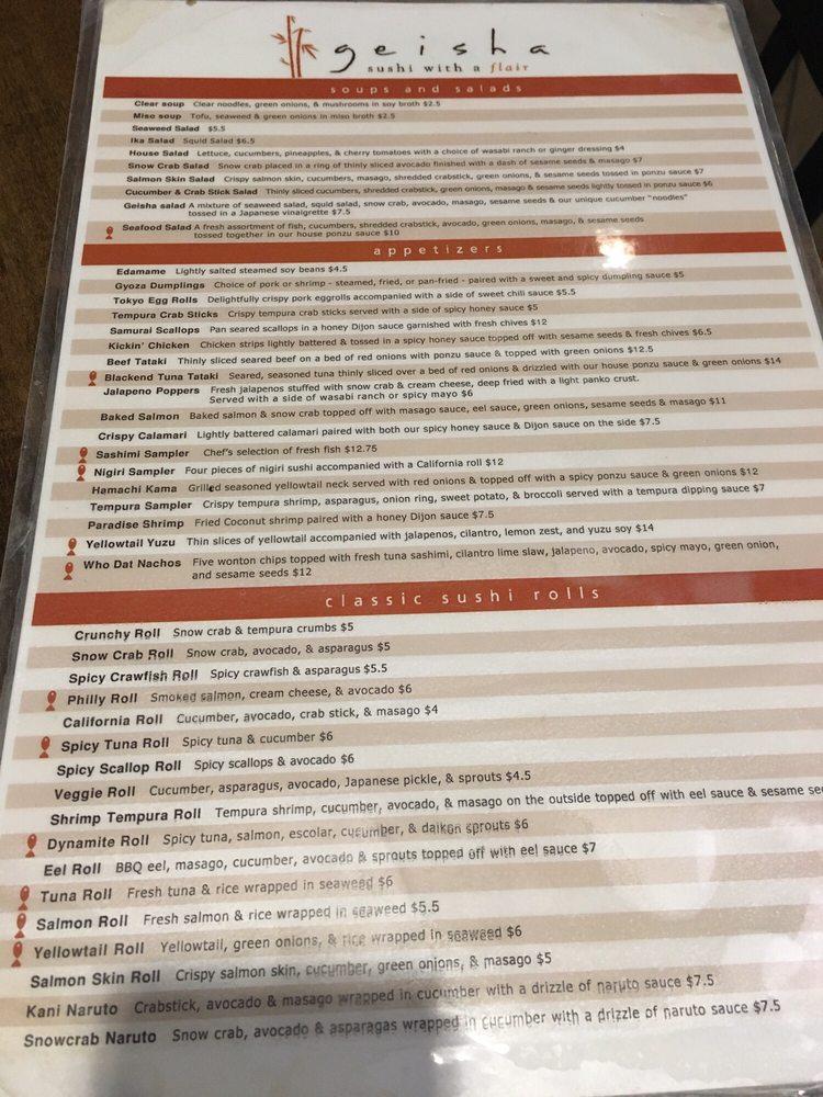 Menu at Geisha, Sushi With a Flair restaurant, Prairieville