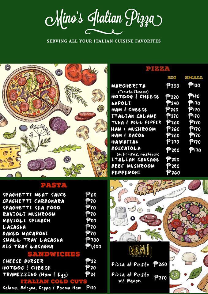 Menu at Mino's Italian Pizza restaurant, Badoc