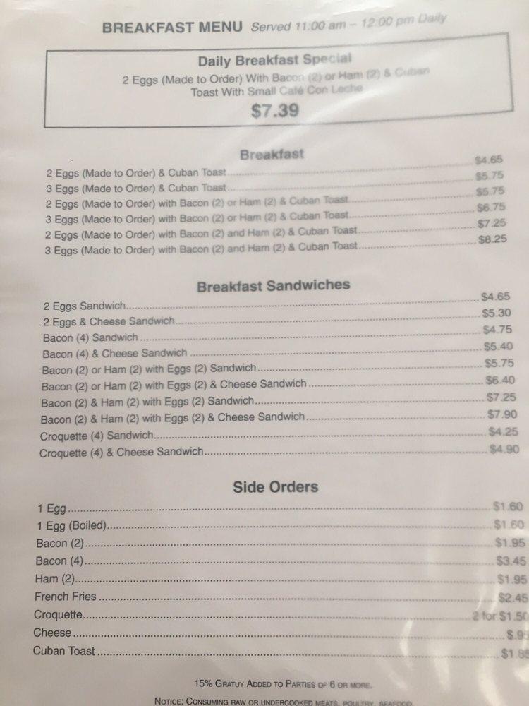 Menu at Rincon Cubano restaurant, Sarasota