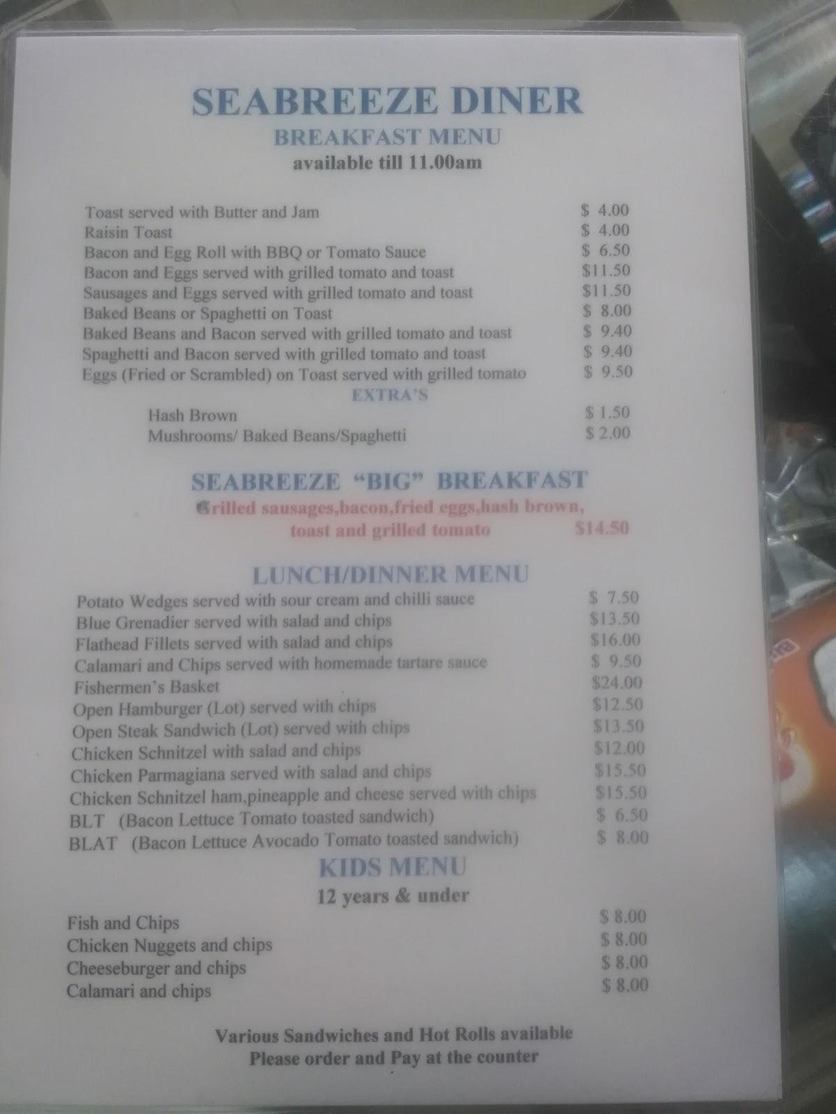 Menu at Seabreeze Diner fast food, Merimbula