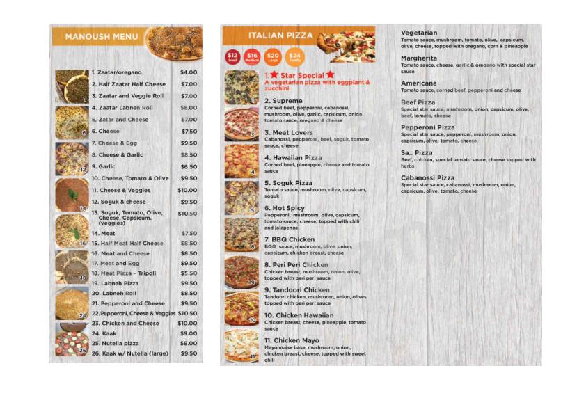 Menu at Star Pizza Bakery, Georges Hall