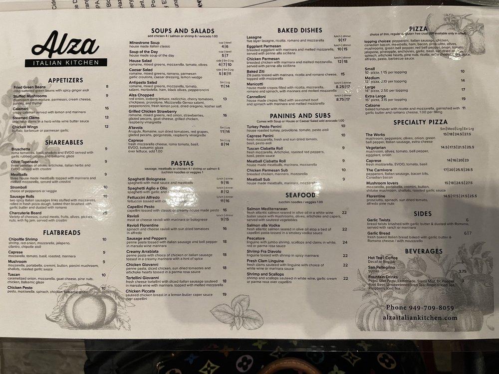 Menu at Alza Italian Kitchen pizzeria, Rancho Santa Margarita