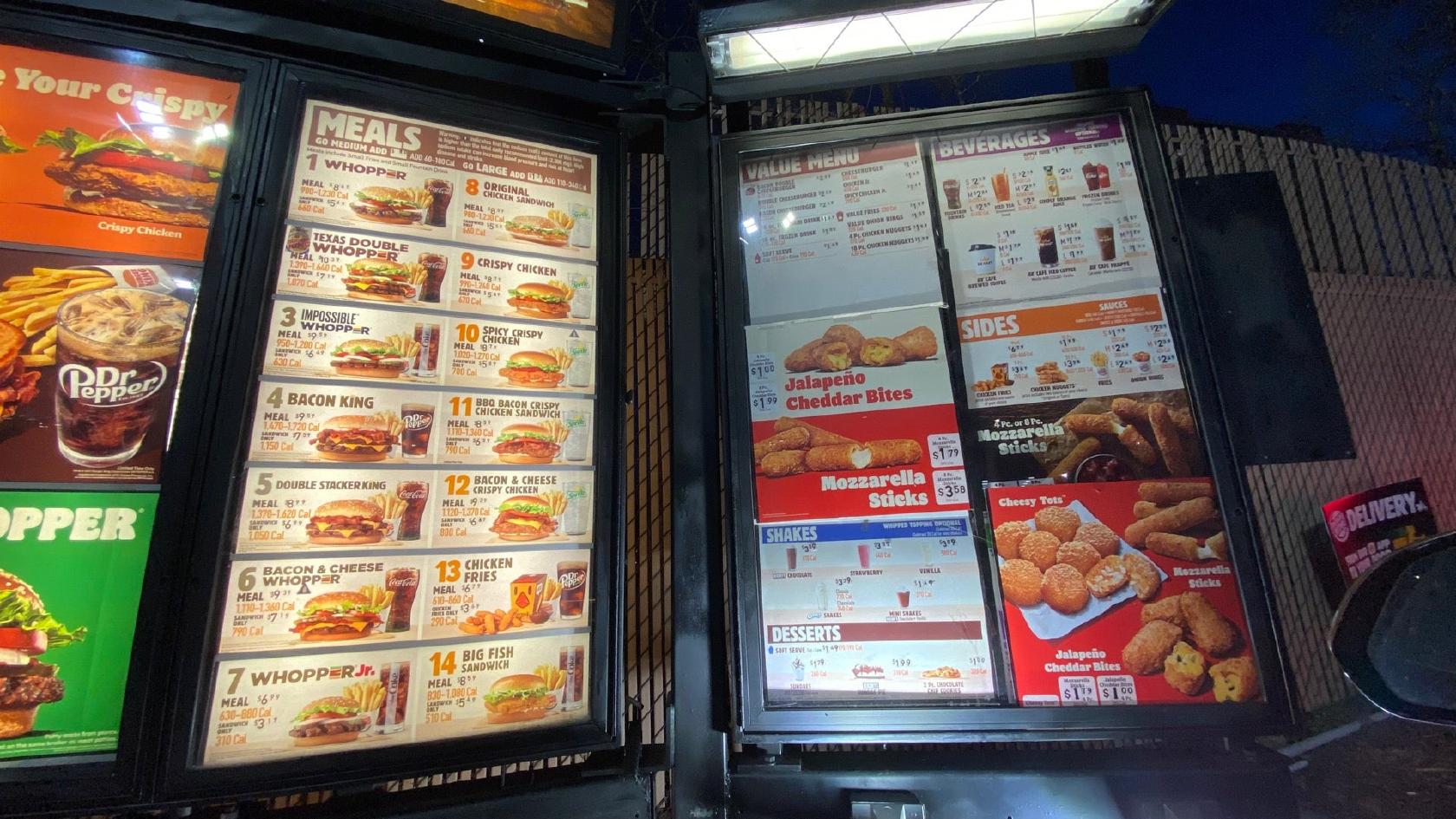 Menu at Burger King fast food, New York City, 222-10 Northern Blvd