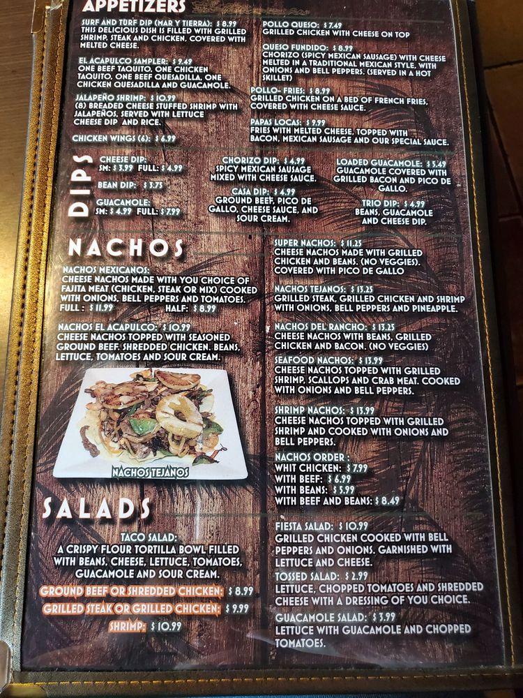 Menu at El Acapulco restaurant, Pocahontas, US-67