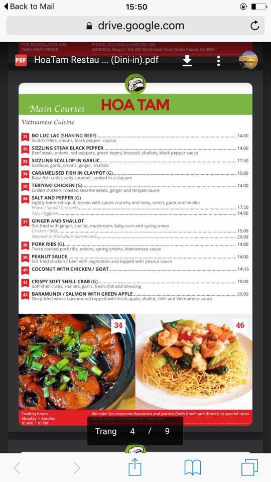 Menu at Hoa Tam restaurant, Gilles Plains