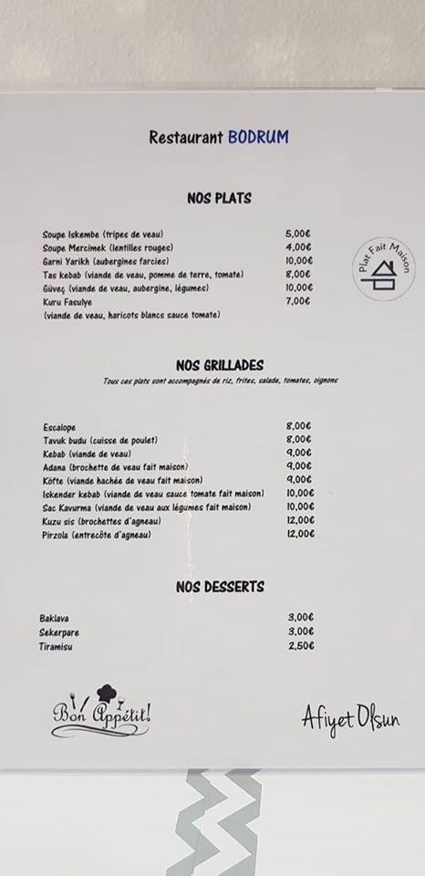 Menu at Kebab Bodrum restaurant, Firminy