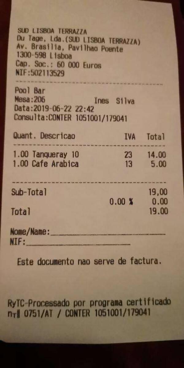 Menu at SUD Lisboa restaurant, Lisbon