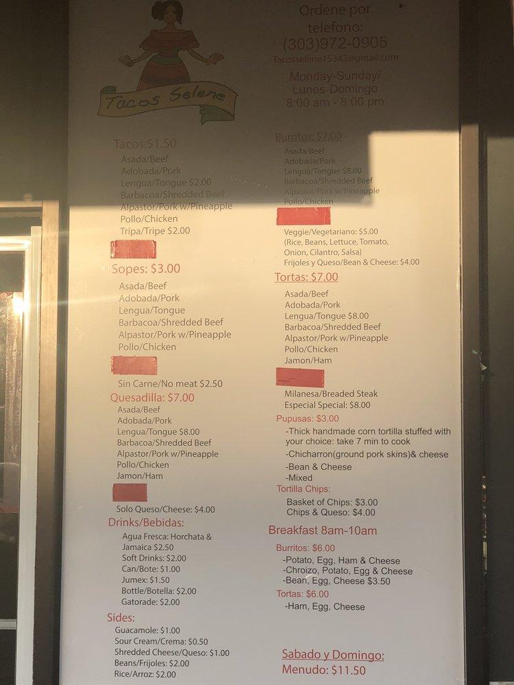 Menu at Tacos Selene Littleton restaurant, Littleton, S Kipling Pkwy