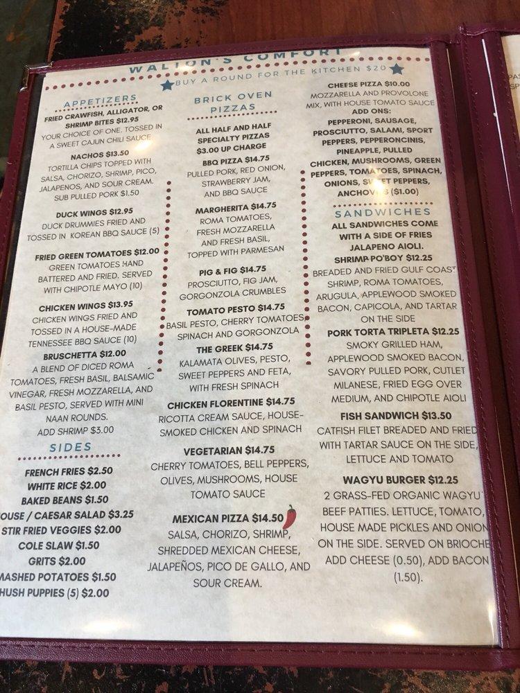 Menu at Walton's Smokehouse and Southern Kitchen pizzeria, Evansville