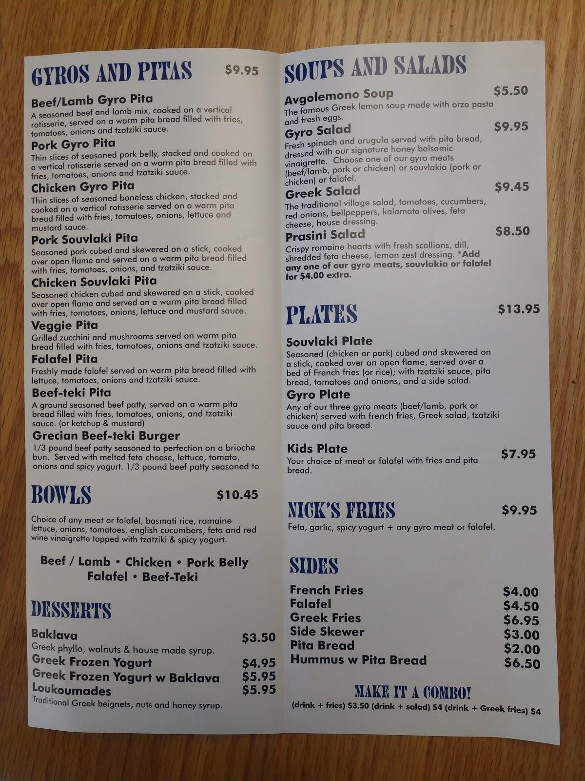 Menu at Nick the Greek Napa restaurant, Napa