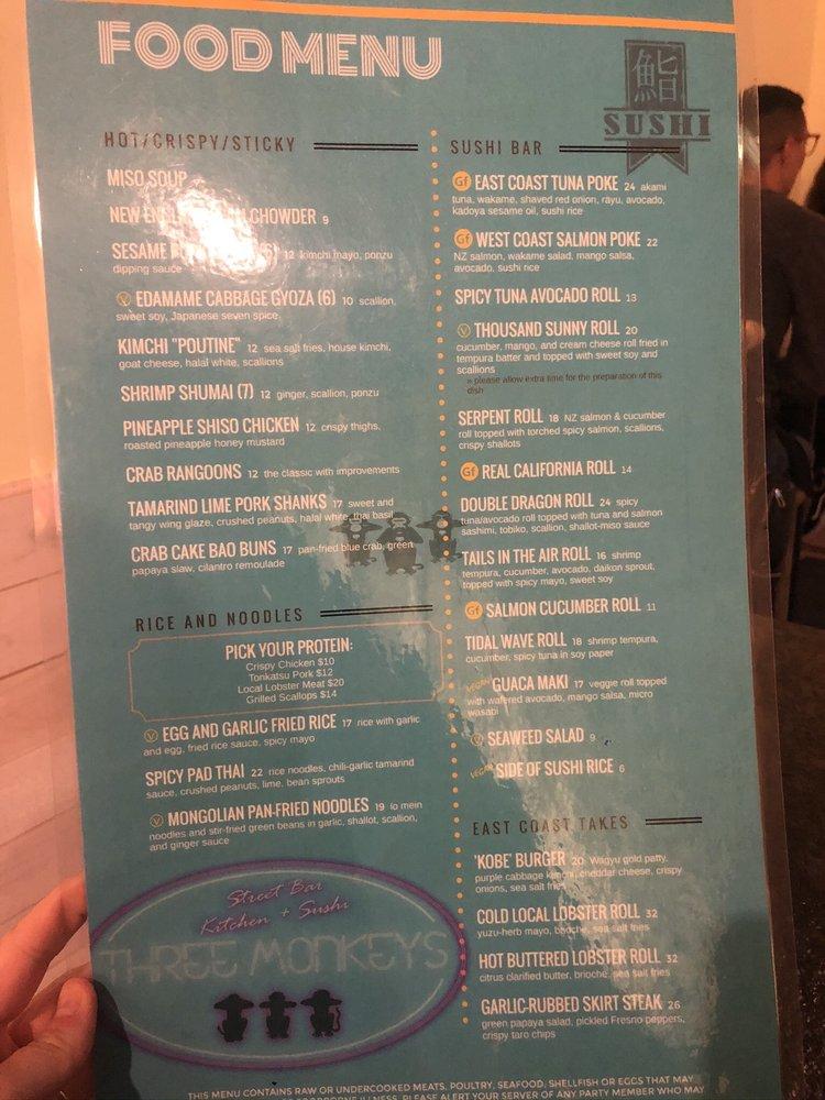 Menu at 3 Monkeys restaurant, Harwich, 554 MA-28