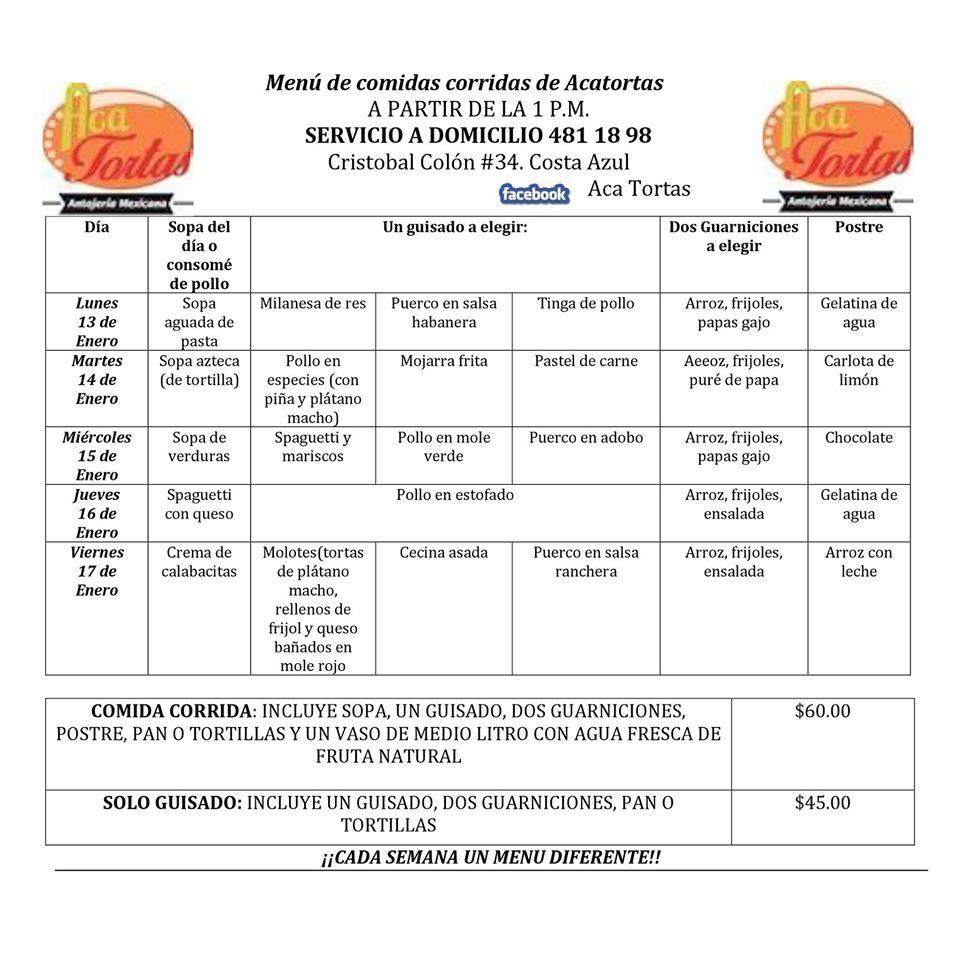 Menu at Aca Tortas restaurant, Acapulco