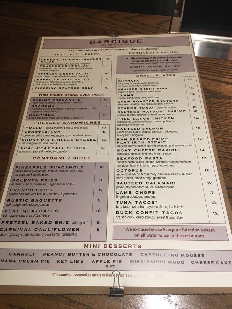 Menu at Barrique Kitchen and Wine Bar, Jacksonville, St Johns Ave