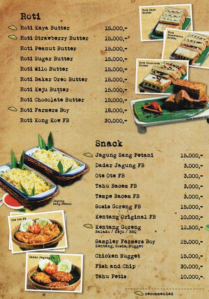 Menu at Farmer's Boy restaurant, Surabaya
