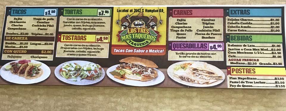 Menu at Los Tres Mas Taqueros restaurant, Dallas