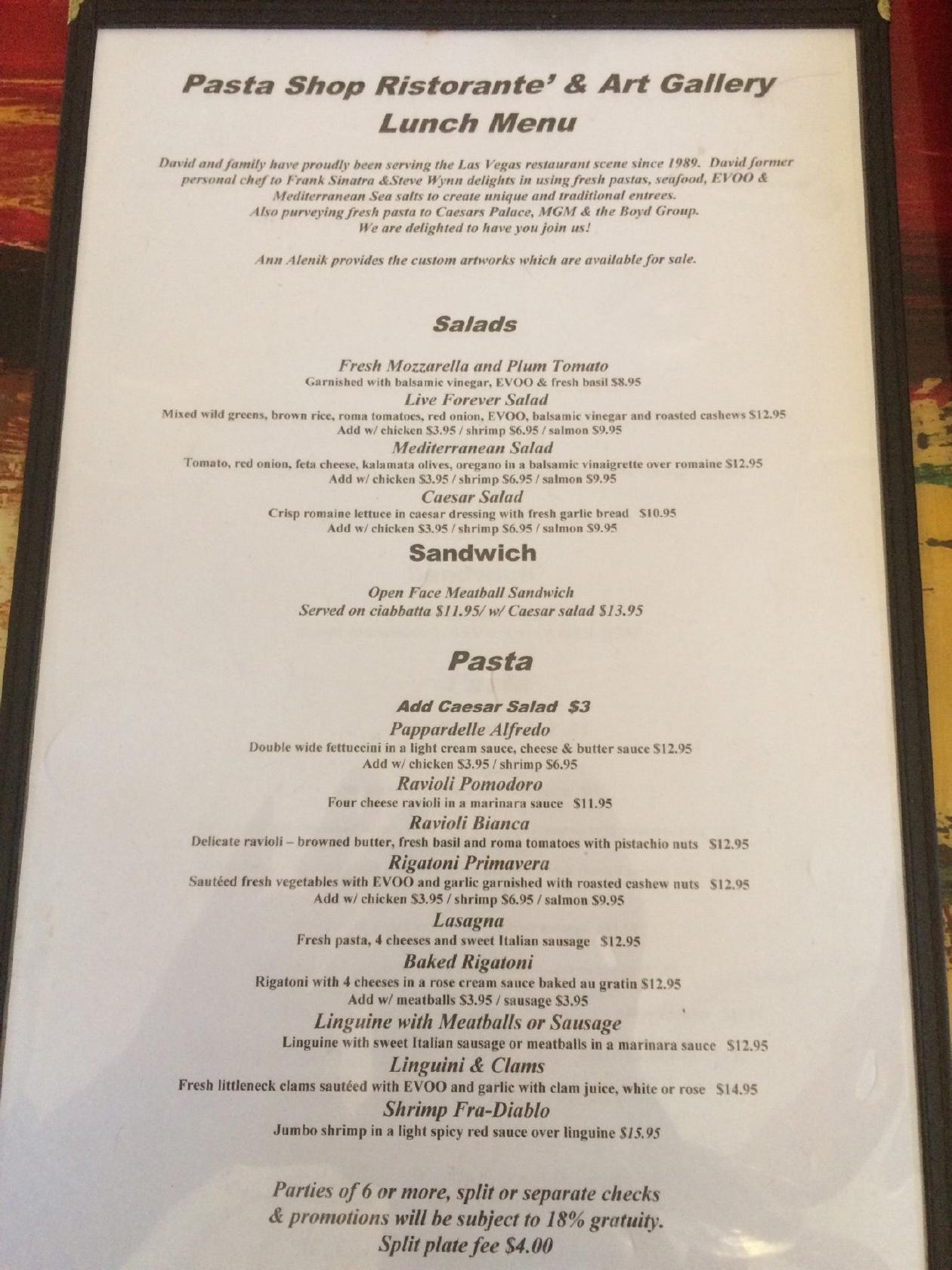Menu at Pasta Shop Ristorante restaurant, Henderson